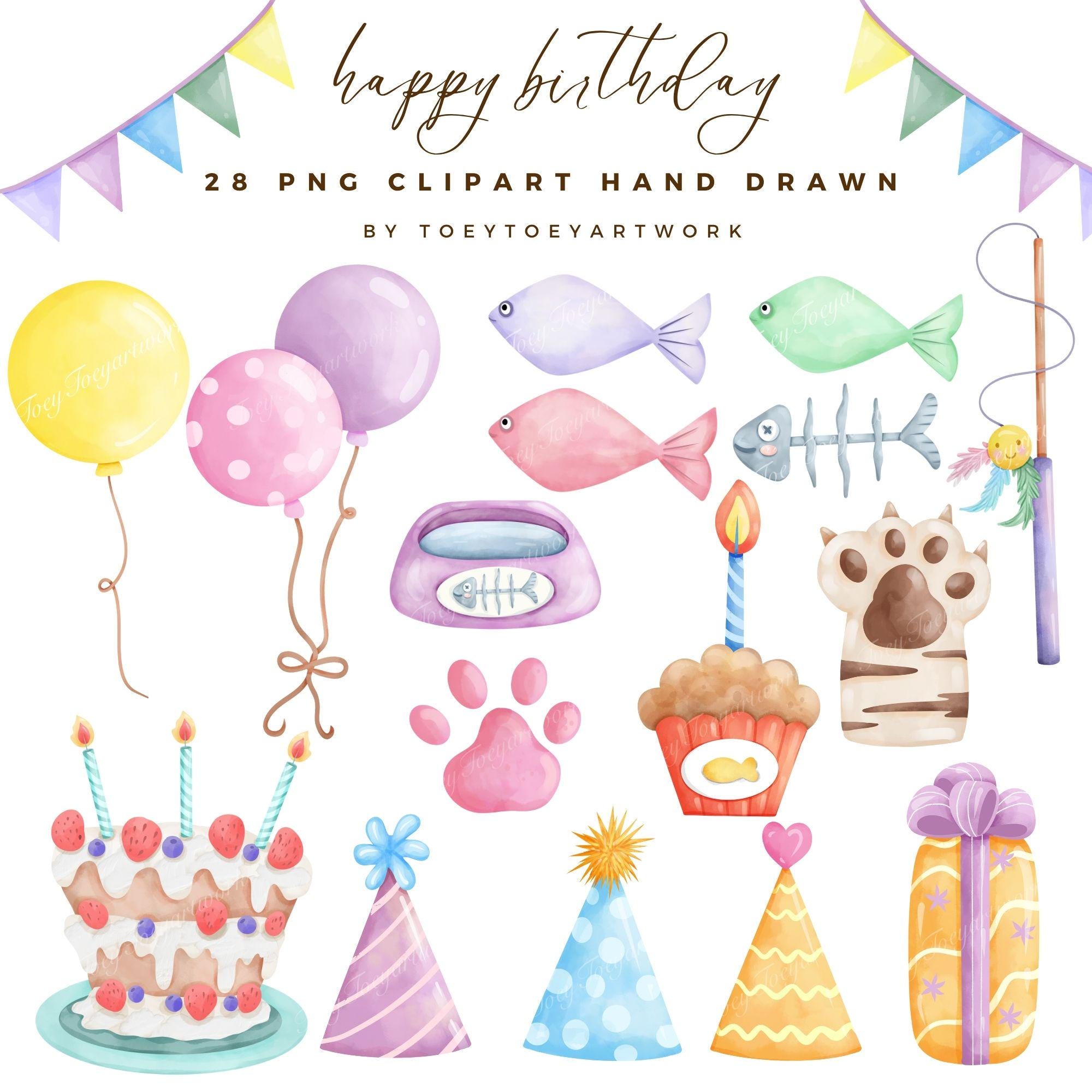 Watercolor Birthday Cat Clipart – Pastel Party, Commercial Use - Etsy