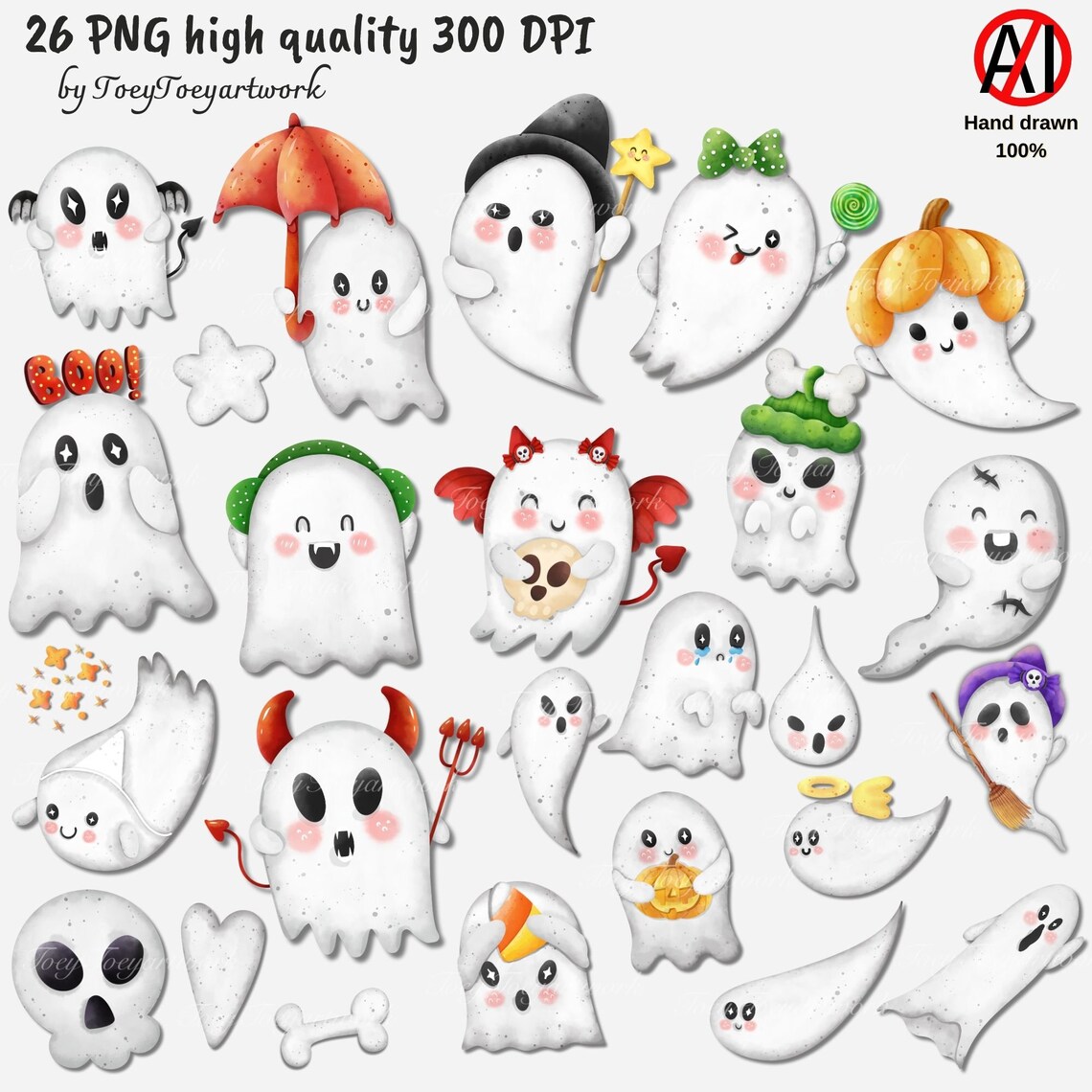 Watercolor Cute Ghosts Clipart Halloween Clipart Instant Download ...