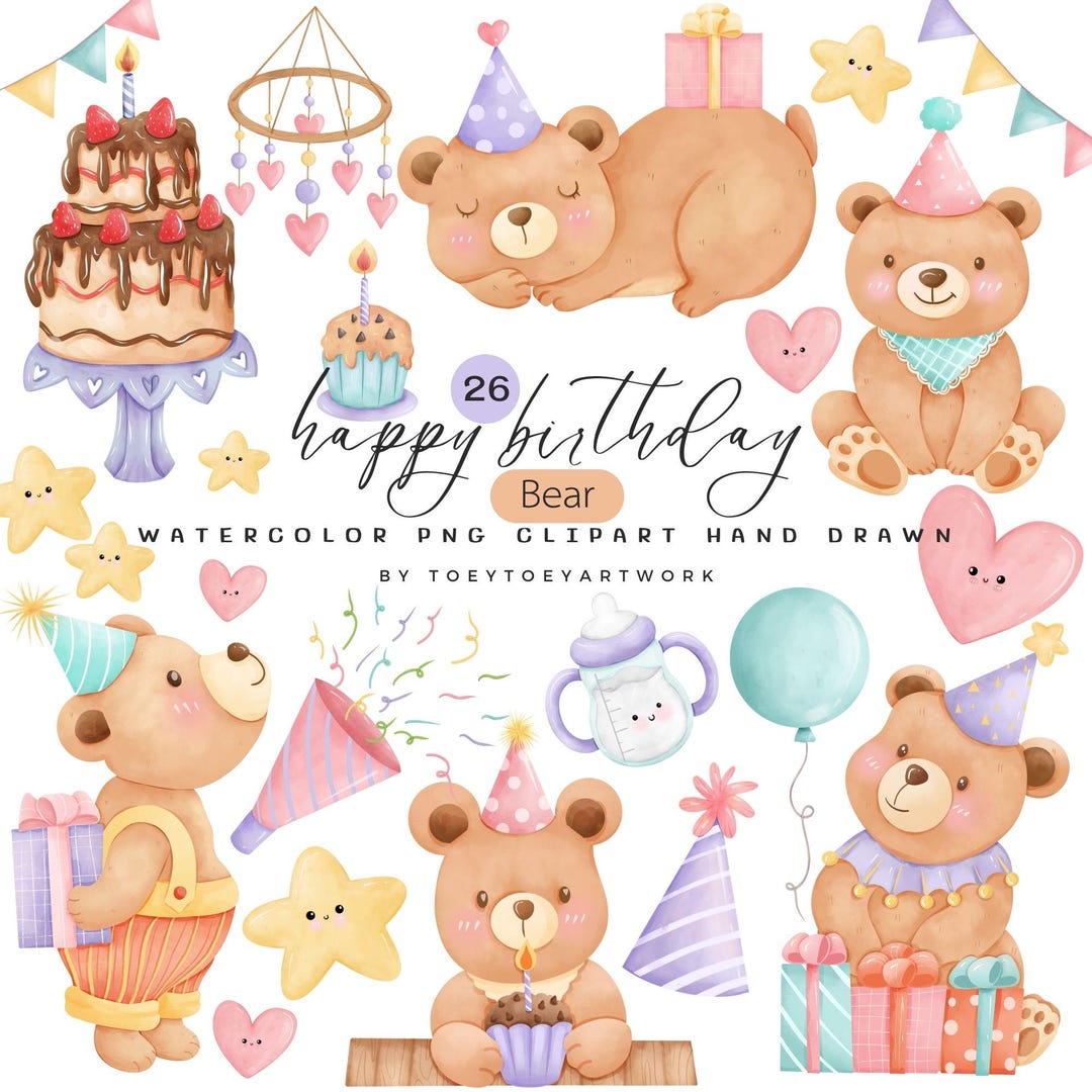 Watercolor Birthday Bear Clip Art,birthday Bears,cute Bear,birthday ...