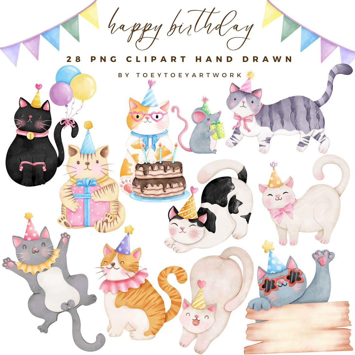 Watercolor Birthday Cat Clipart – Pastel Party, Commercial Use - Etsy