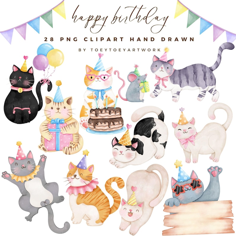 Watercolor Birthday Cat Clipart - Pastel Party Clipart - Cute Cats ...