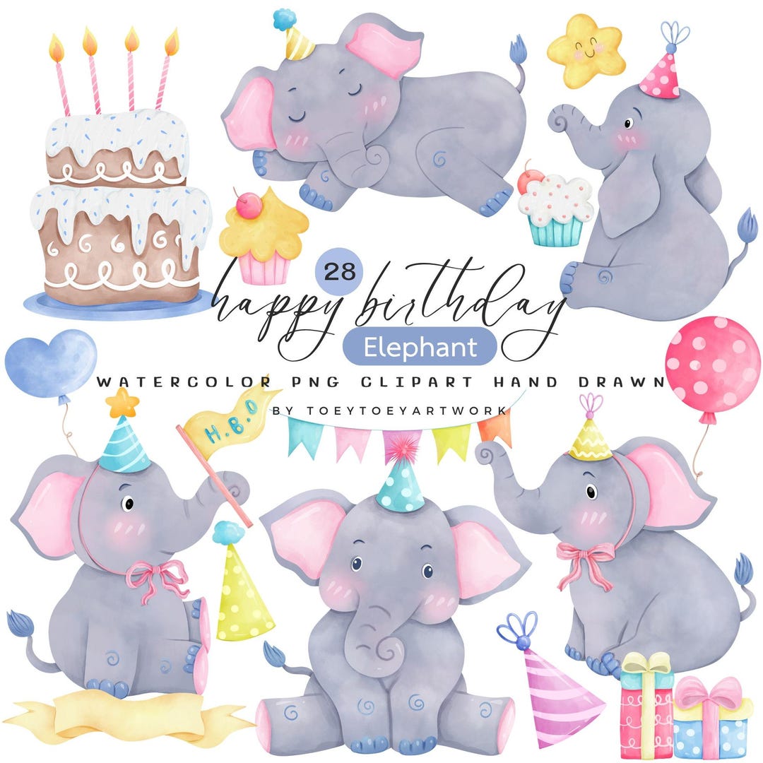 Watercolor Birthday Elephant Clipart, Nursery Art (digital Download) - Etsy