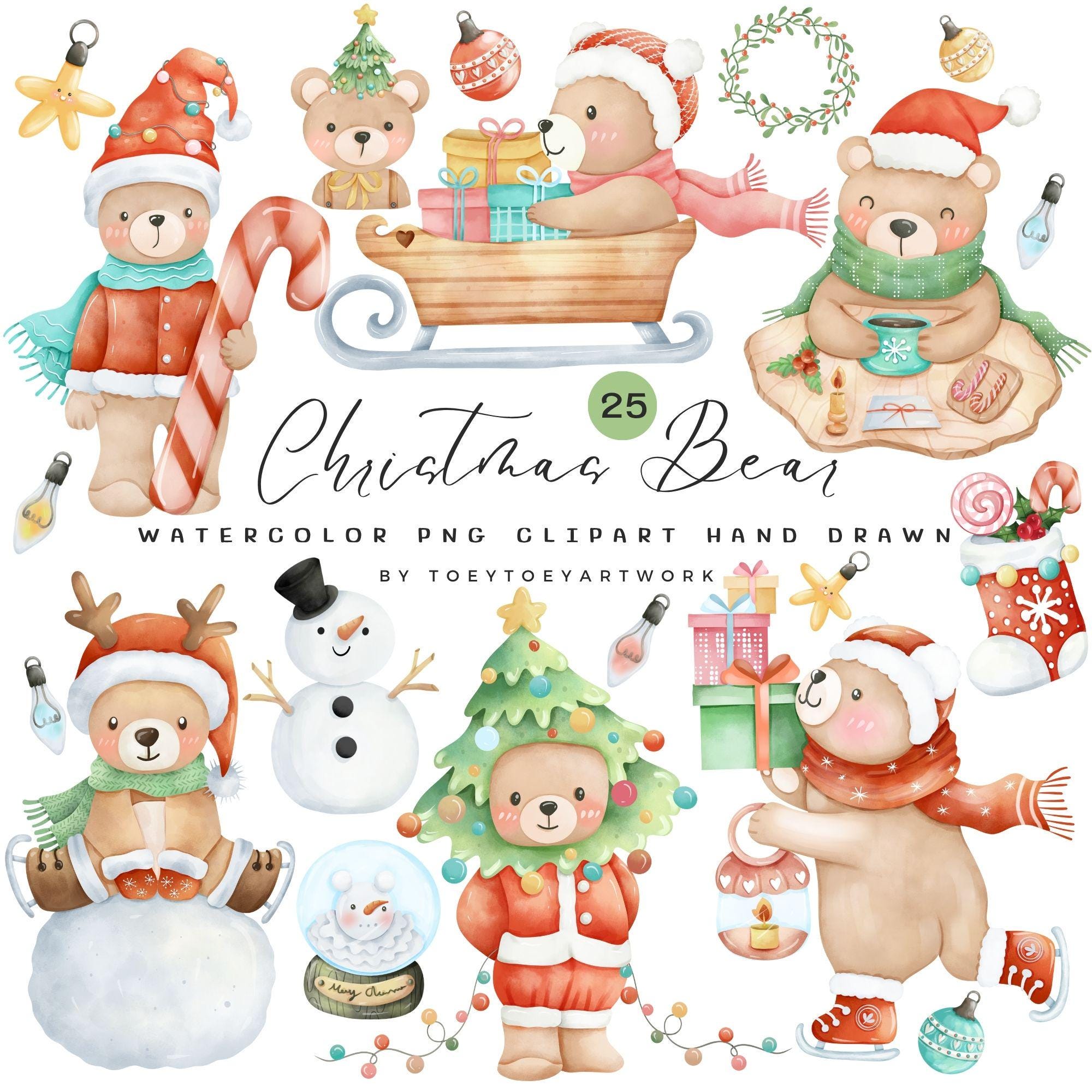 Watercolor Christmas Bear Clipart, Holiday PNG Set (3000x3000 Px) - Etsy