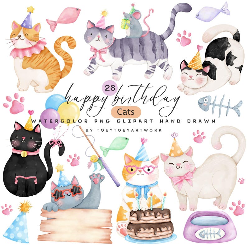 Watercolor Birthday Cat Clipart - Pastel Party Clipart - Cute Cats ...