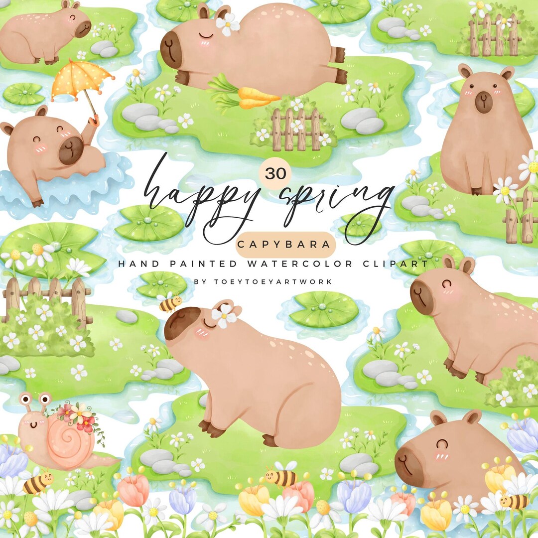 Watercolor Happy Spring Capybara Clipart,capybara,spring,garden,flower ...
