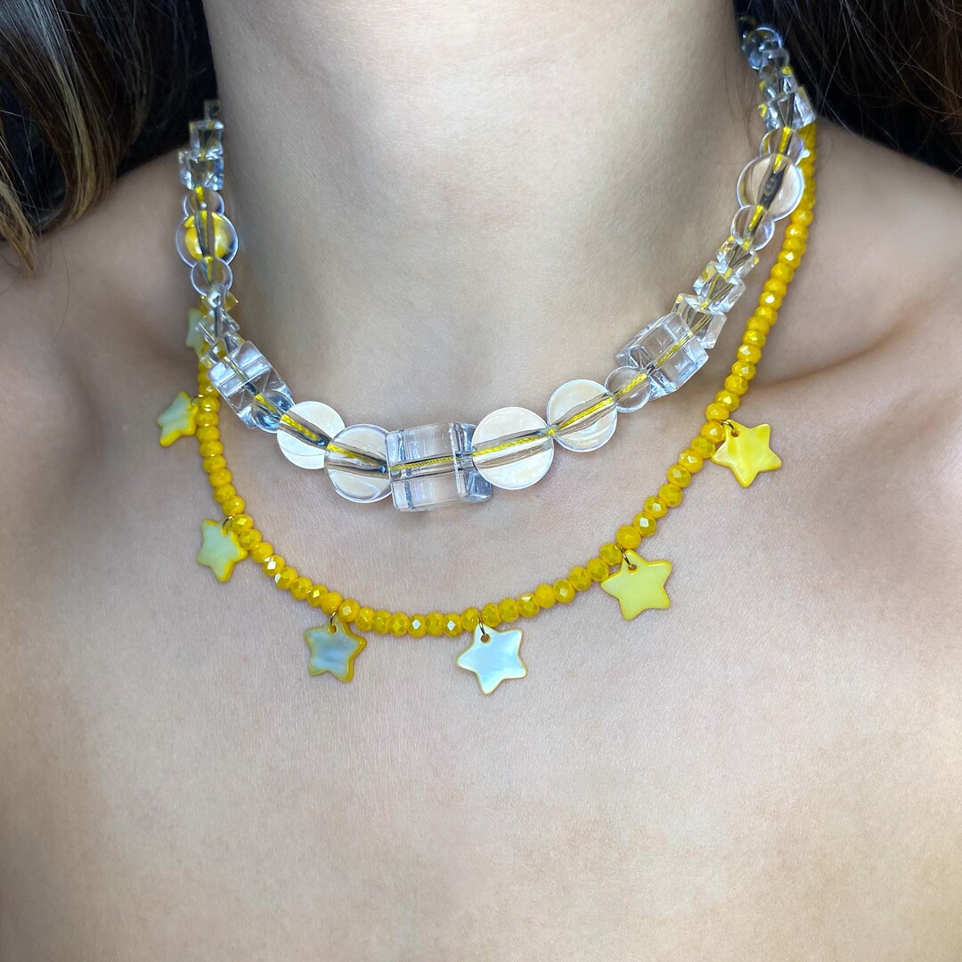 Clear Beads Yellow String Necklace Big Cube and Sphere Clear Beaded ...