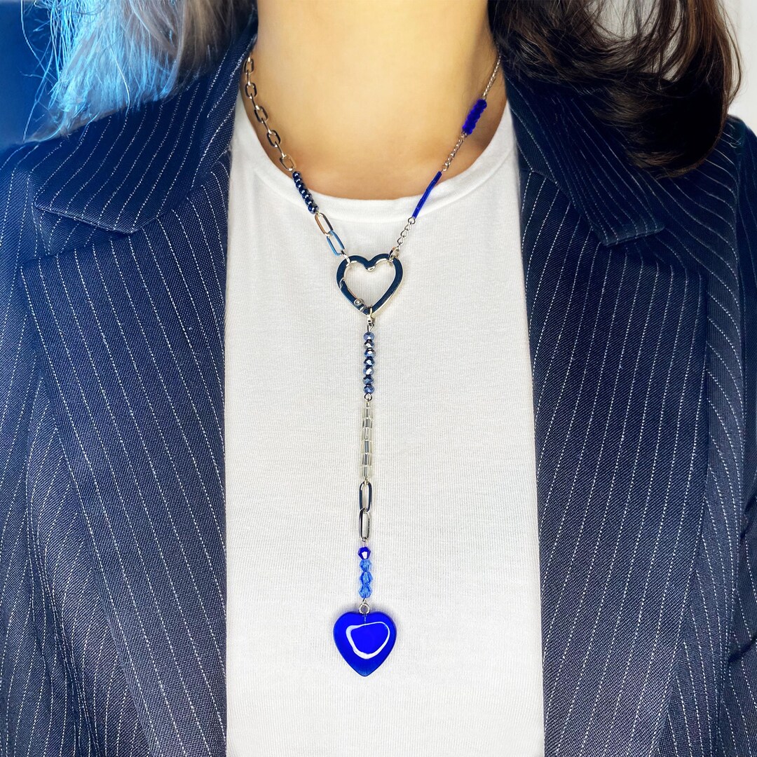 Blue Heart Necklace With Silver Heart Clasp Indigo Crystal Beads Navy ...