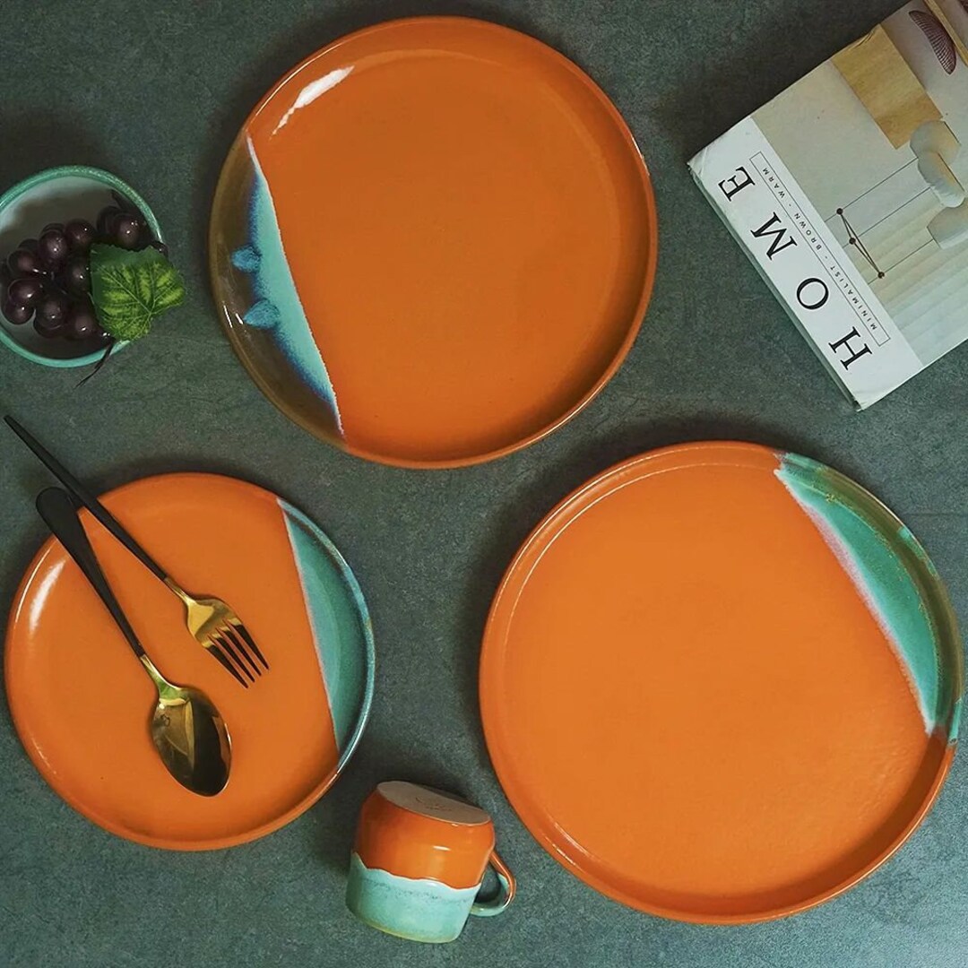 Stunning Handmade Orange Dinnerware Set of 8 Munzterania Special Series ...