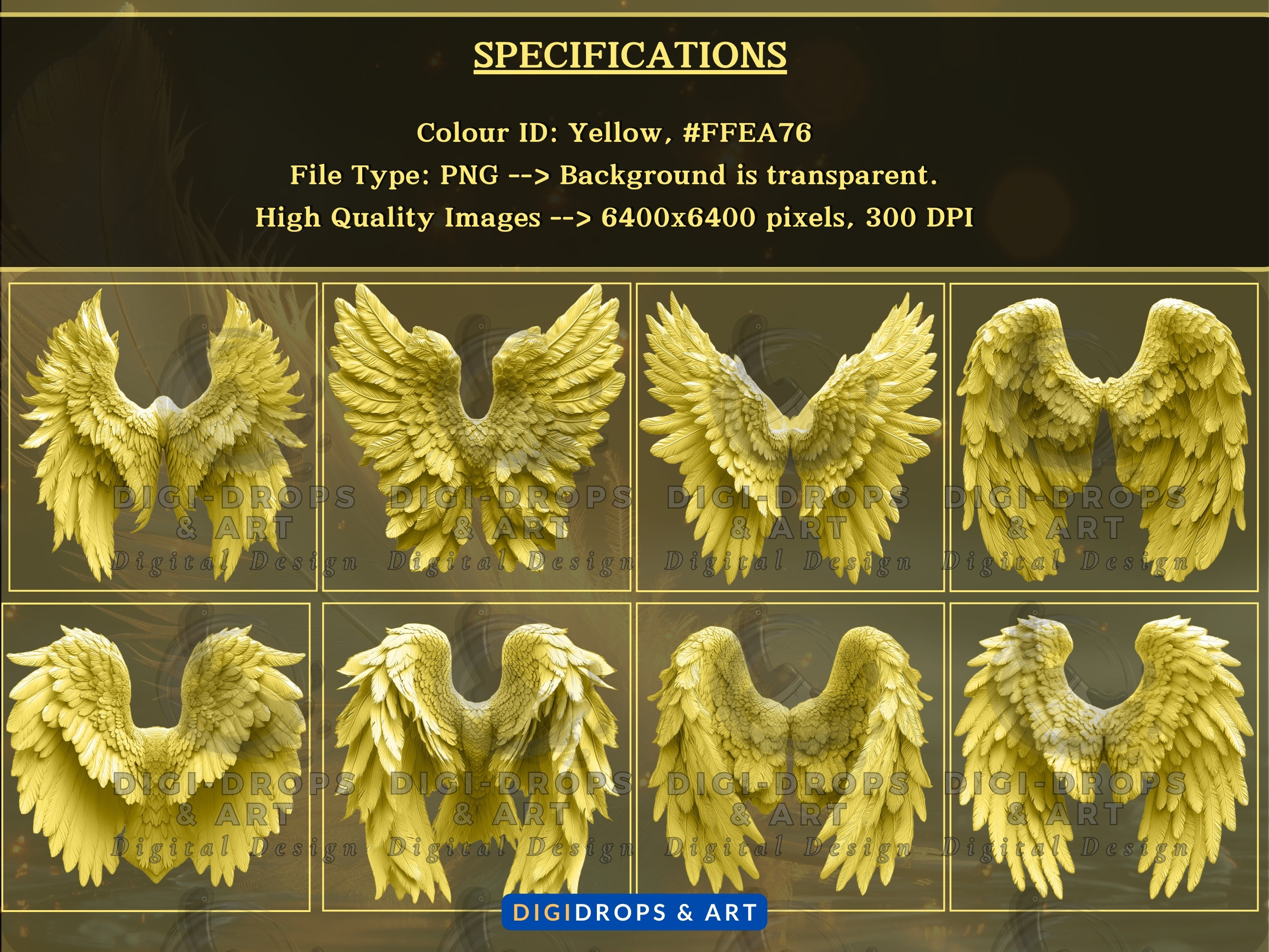 Yellow Angel Wings, PNG, 30 Digital Backdrop Props, Transparent ...