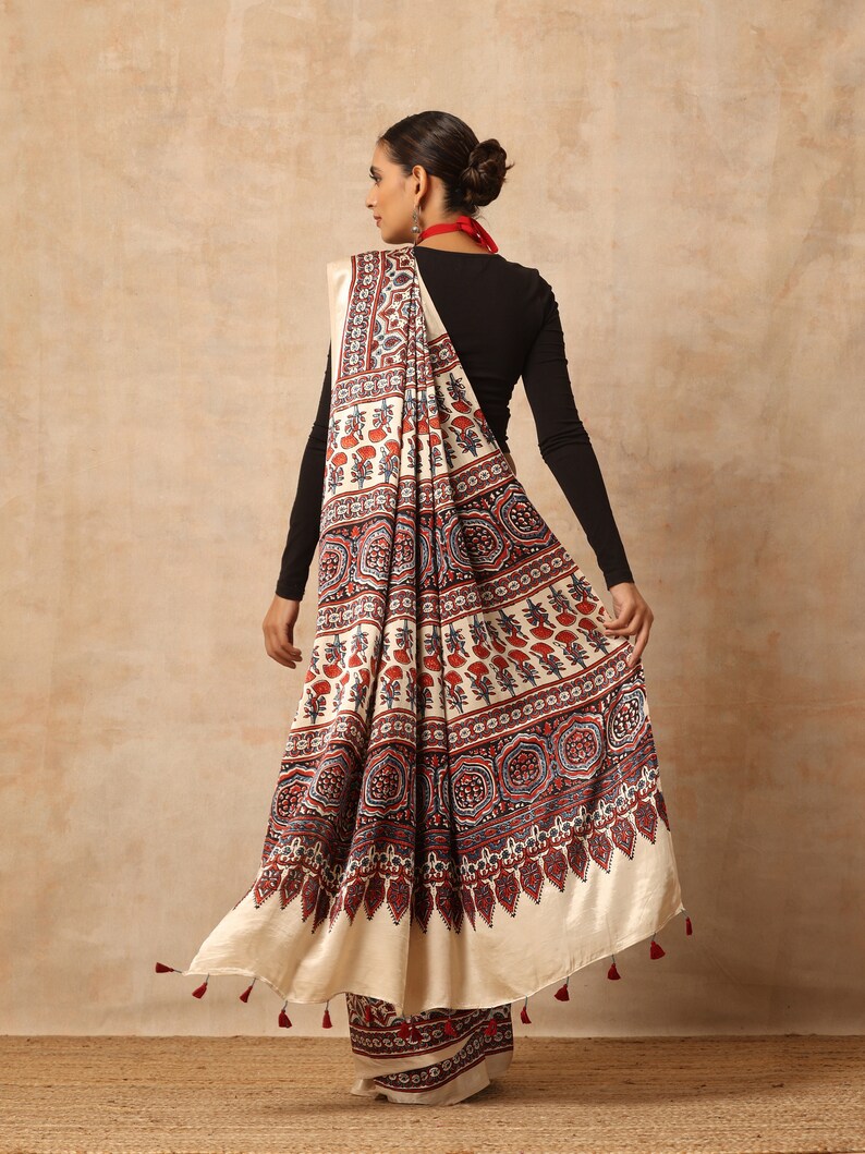 Indian Hand Made Multicolour Ajrakh Modal Silk Saree for Women and ...