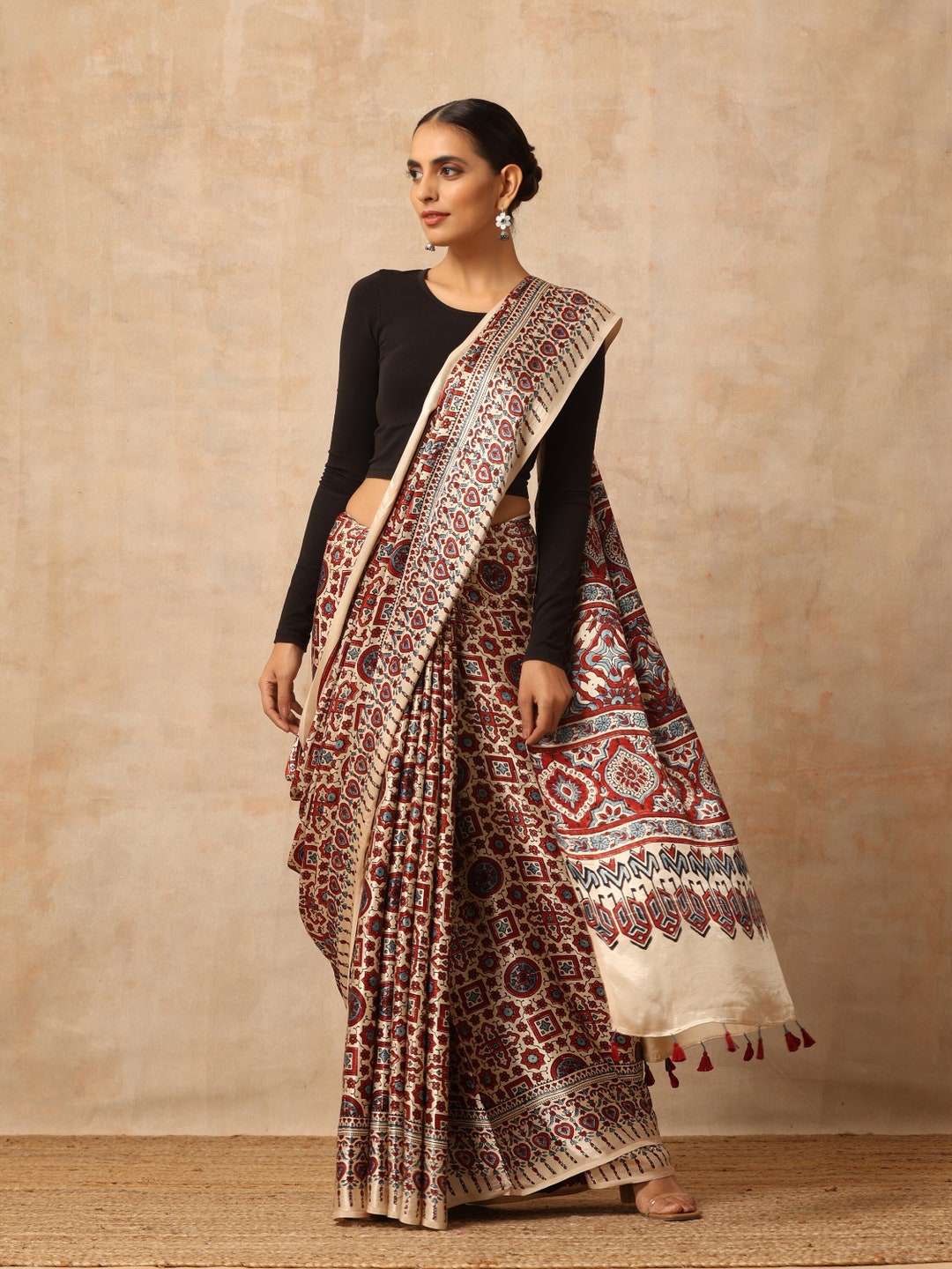 Indian Hand Made Multicolour Ajrakh Modal Silk Saree for Women and ...