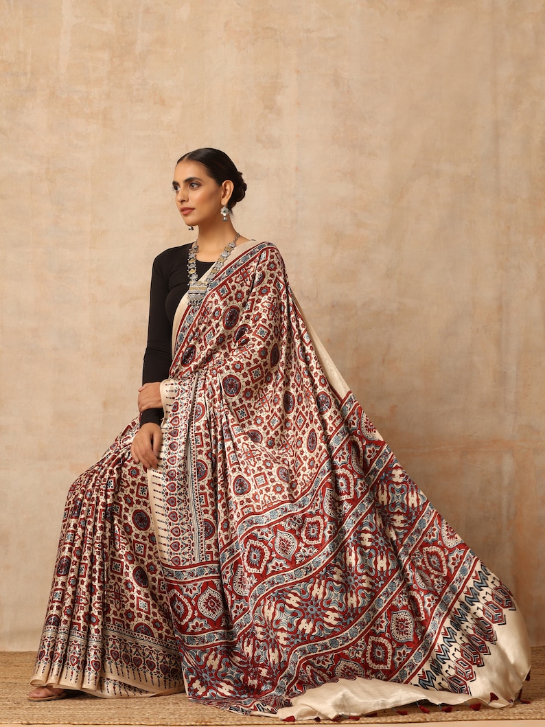 Indian Hand Made Multicolour Ajrakh Modal Silk Saree for Women and ...