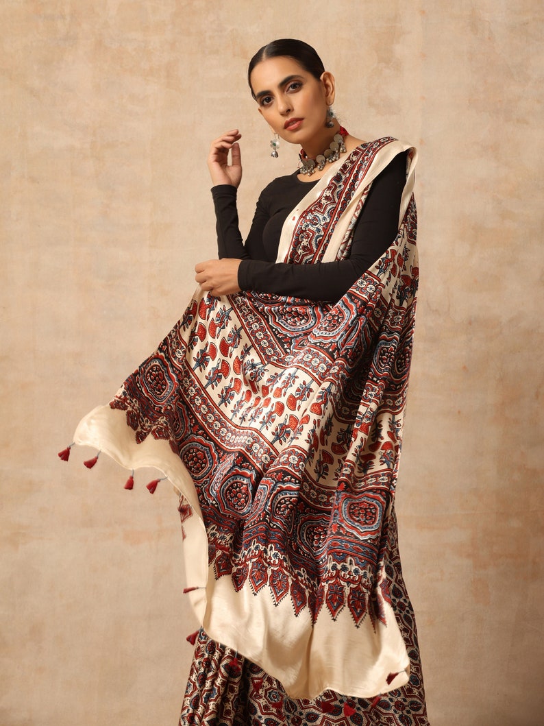 Indian Hand Made Multicolour Ajrakh Modal Silk Saree for Women and ...