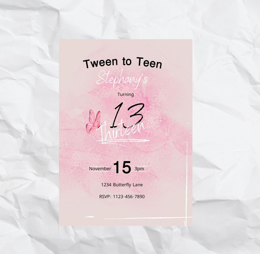 Tween to Teen 13 Year Old Girl Birthday Invitation Teen Birthday Pink ...