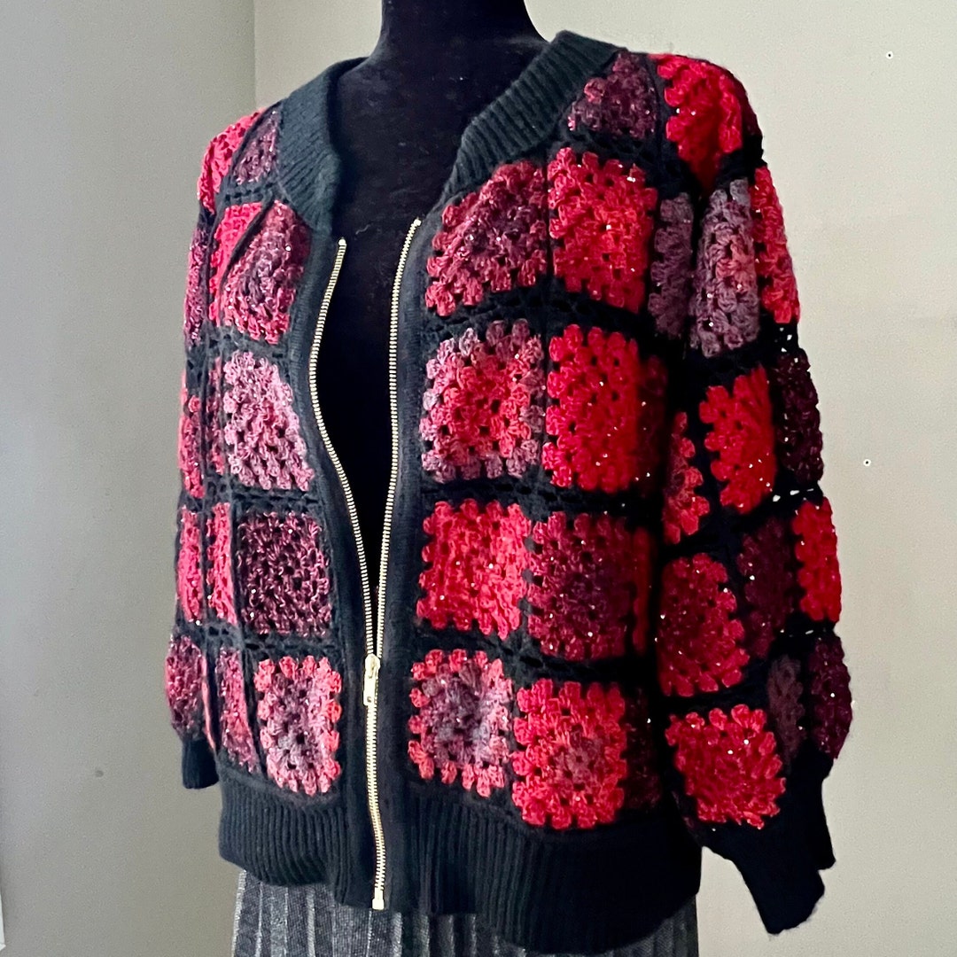 Vintage Crochet Jacket Granny Squares Jacket Red&black Jacket Fashion ...