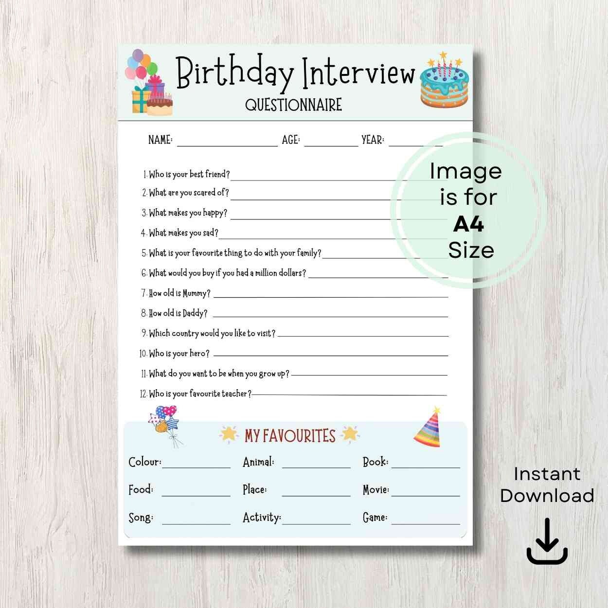 Kids Birthday Questions, Birthday Interview Questionnaire, Kids Annual ...