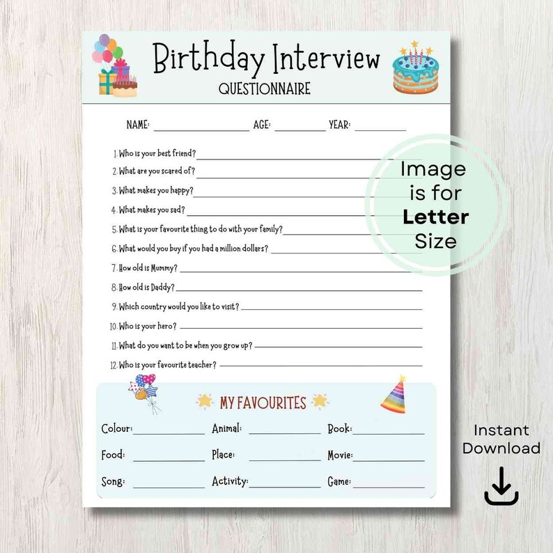 Kids Birthday Questions, Birthday Interview Questionnaire, Kids Annual ...