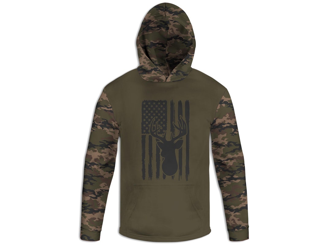Men's Buck & American Flag Hoodie, Deer T-shirt, USA Long Sleeve Tee ...