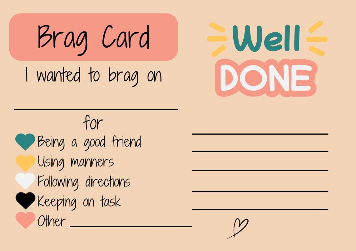 BRAG CARD for Teachers -- Student Appreciation, Student Encouragement ...