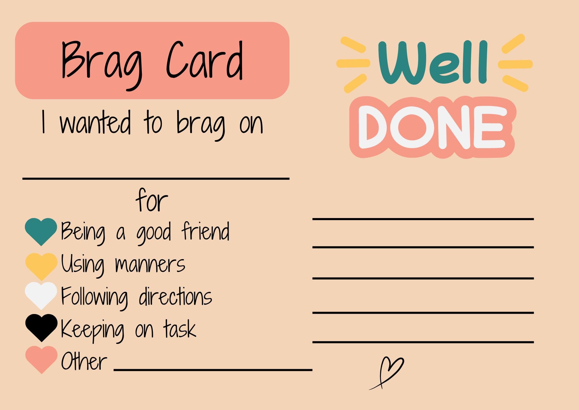 BRAG CARD for Teachers -- Student Appreciation, Student Encouragement ...