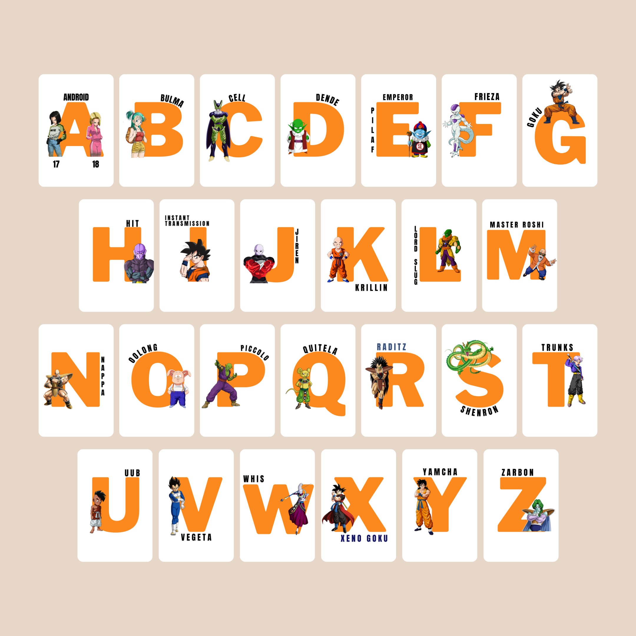 Dragonball Z Alphabet ABC Flashcards Printable DBZ - Etsy