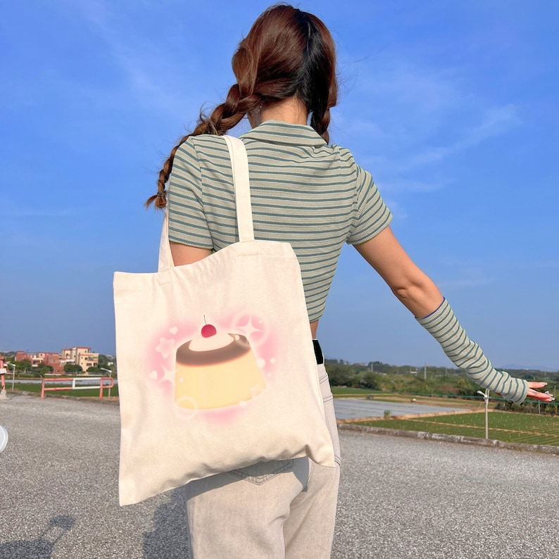 Kawaii Flan Tote Bag Cute Pudding Canvas Totebag Japanese Dessert Tote ...