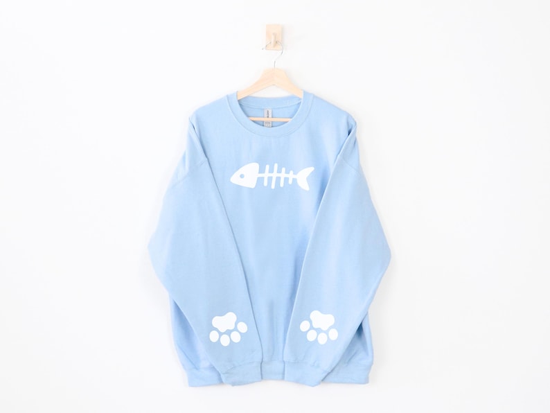 Pastel Blue Fish Bone and Cat Paw Print Pullover, Kawaii Unisex ...