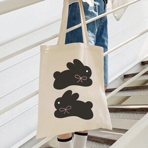 Pink Ribbon Rabbit Tote Bag Cute Bunny With Bow Canvas Totebag Eco ...