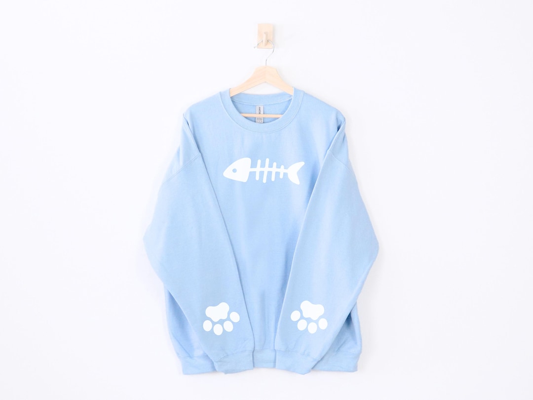 Pastel Blue Fish Bone and Cat Paw Print Pullover, Kawaii Unisex ...