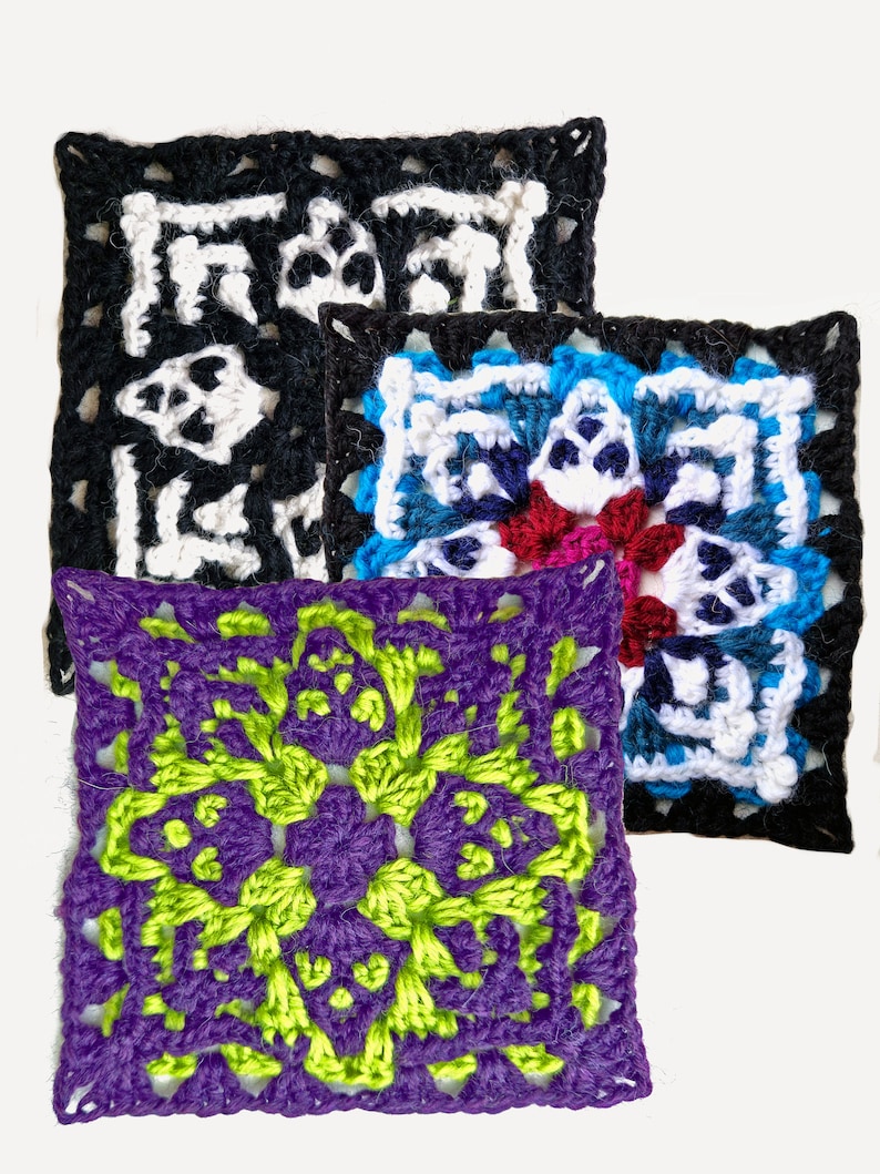Skull Yard Granny Square Crochet Pattern - Spooky Gothic Skull & Bones ...