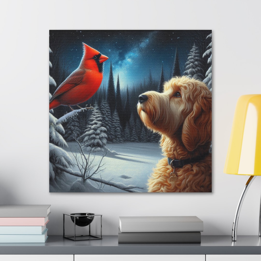 Goldendoodle Cardinal Portrait Canvas, Beautiful Doodle Making Friends ...
