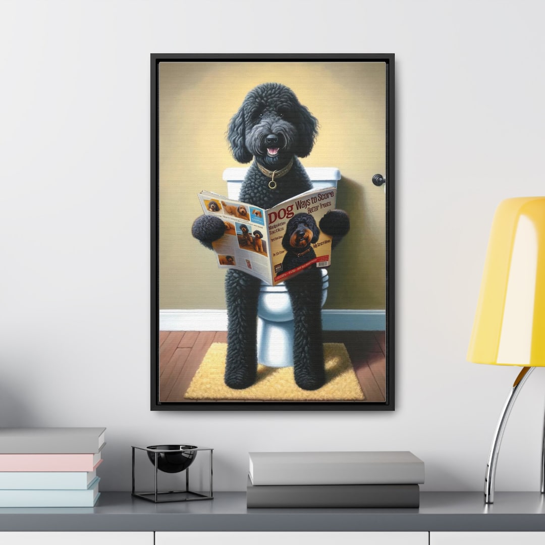 Black Goldendoodle Toilet Pet Portrait, Dog Reading Magazine, Funny Dog ...