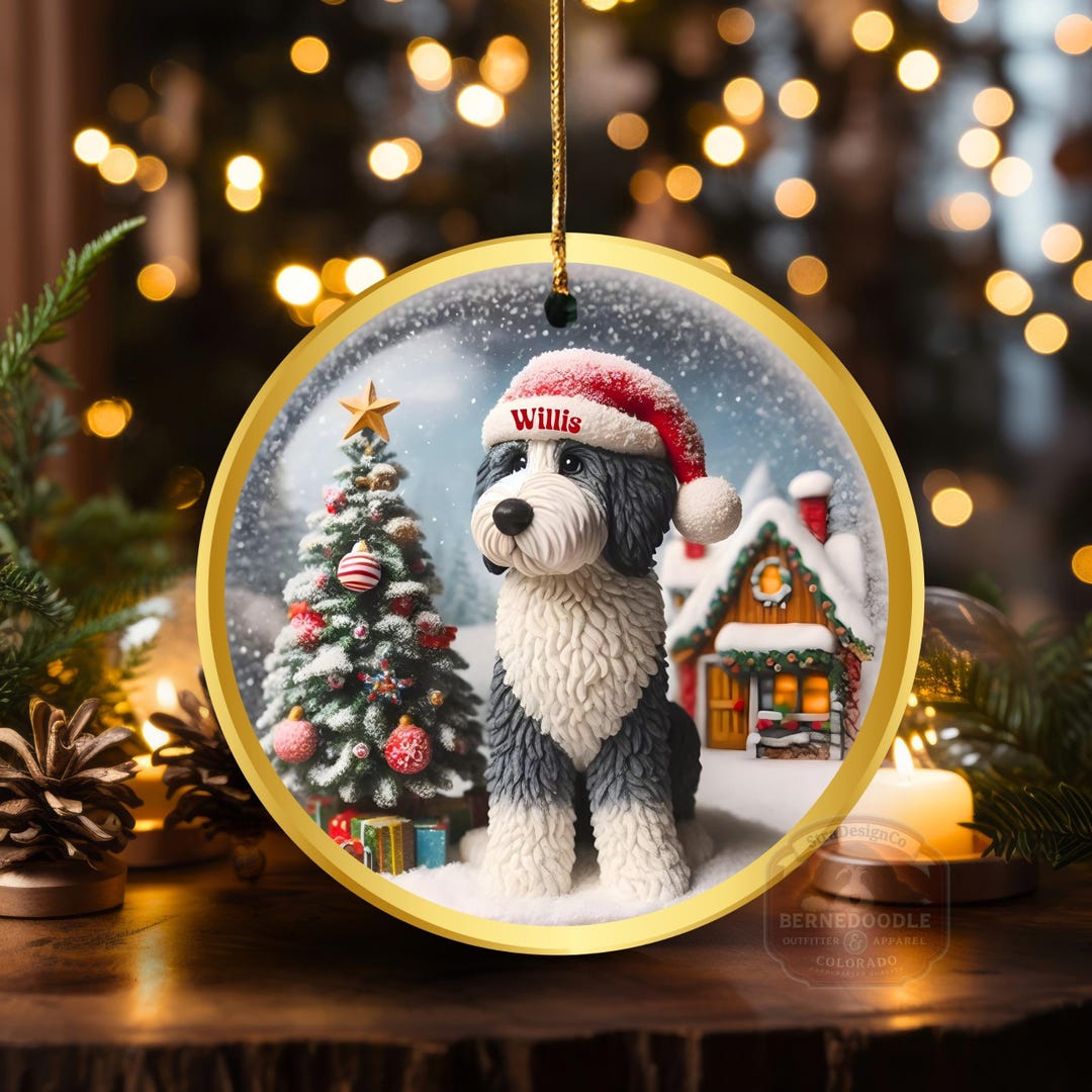 Personalized Sheepadoodle Ceramic Ornament - Two Sided Snow Globe Scene ...