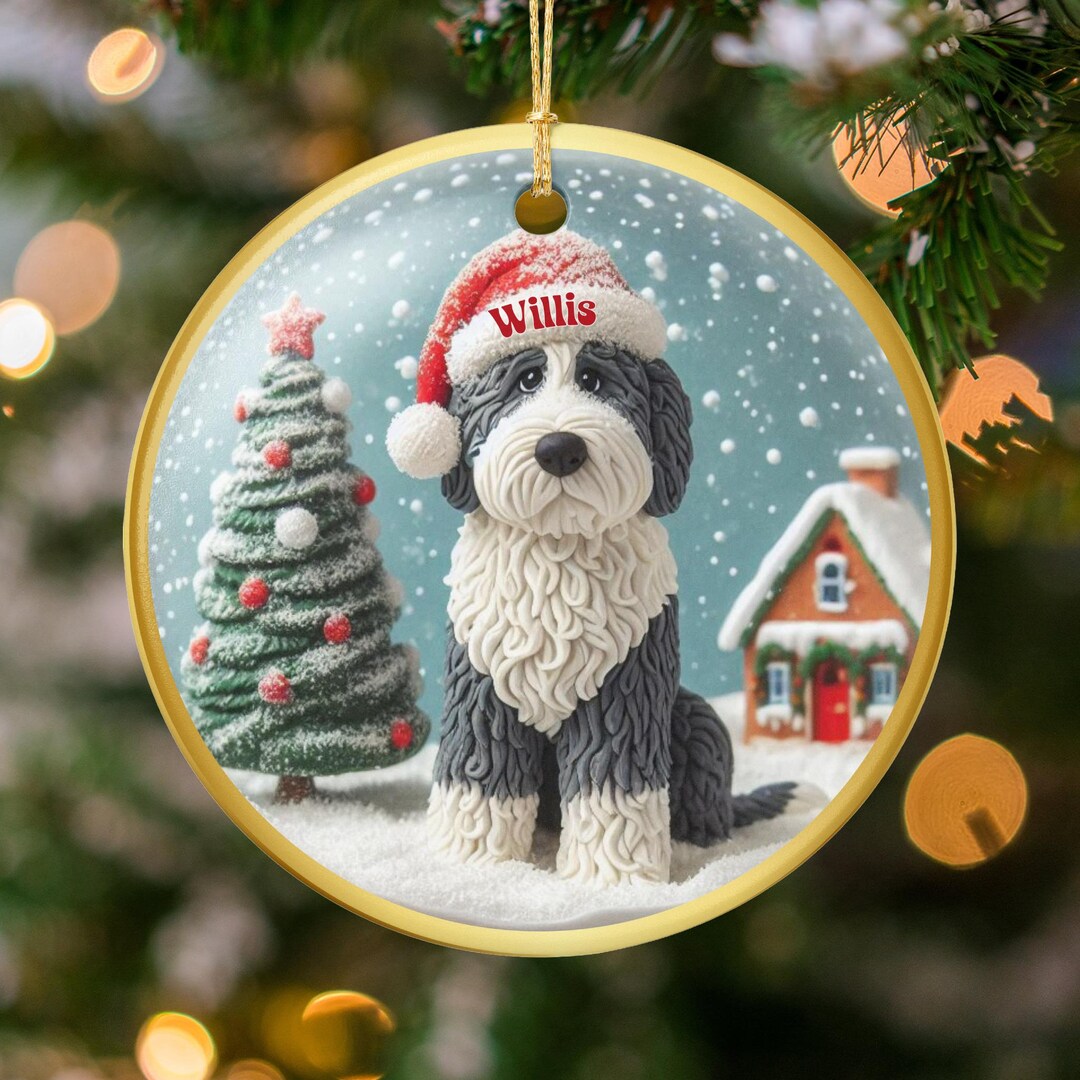 Personalized Sheepadoodle Ceramic Ornament - Two Sided Snow Globe Scene ...