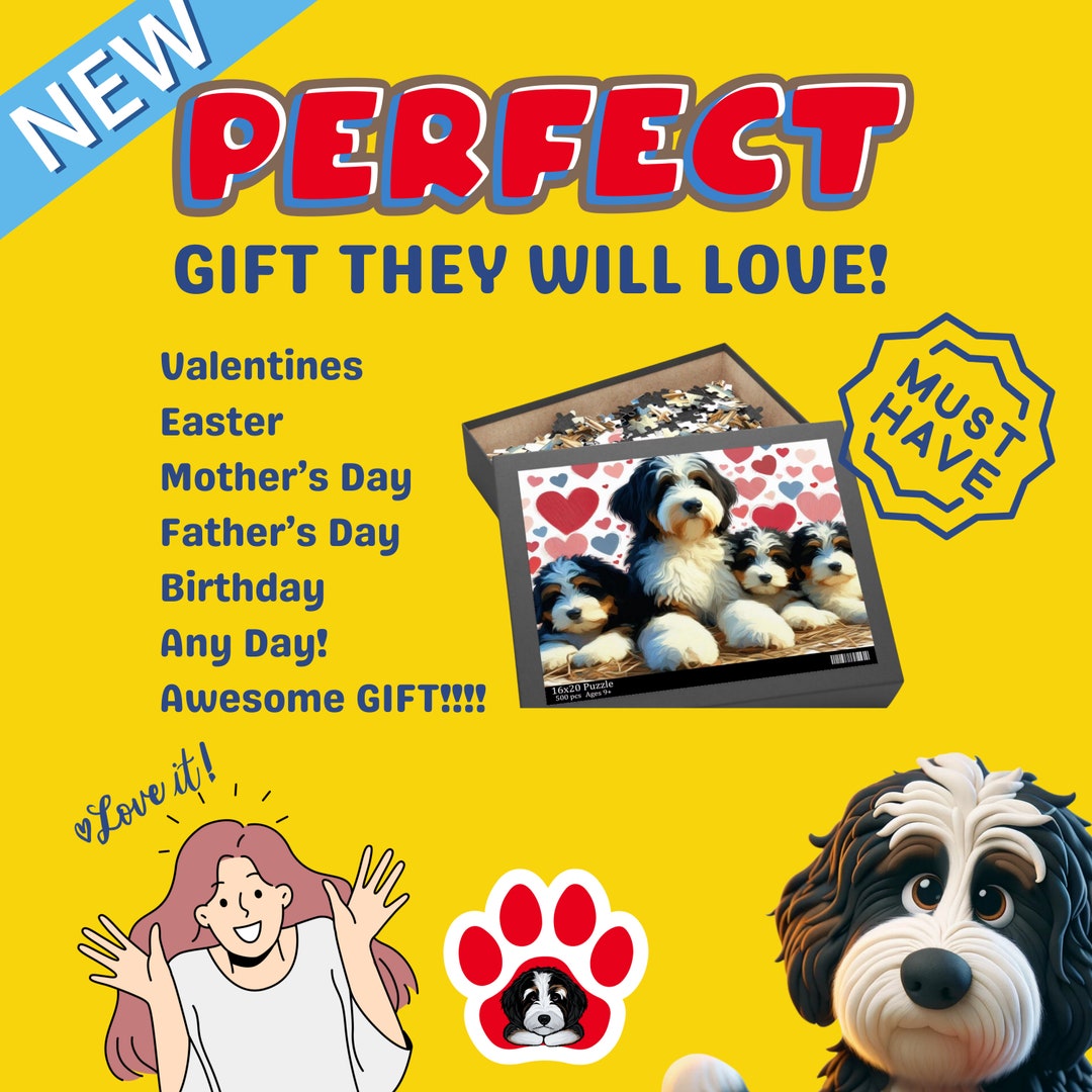 Bernedoodle Valentine Doodle Mama and Her Pups Jigsaw Puzzle Two Sizes ...