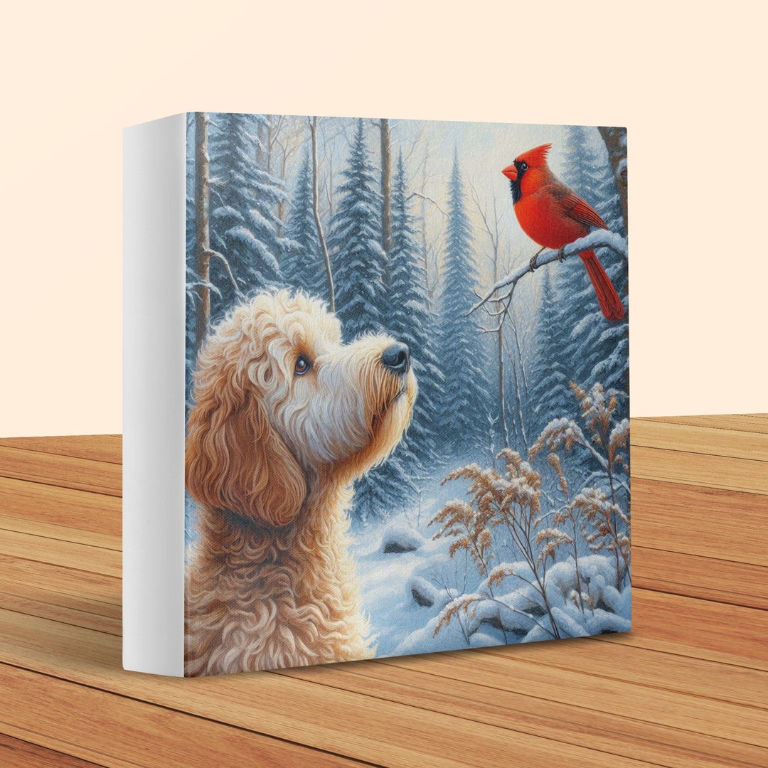 Doodle Dog and Cardinal Art, Choose Canvas or Poster, Dog and Red ...