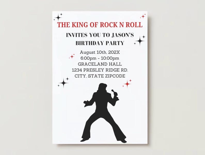 Elvis Presley Invitation, Invitation, Birthday Party, King of Rock N ...