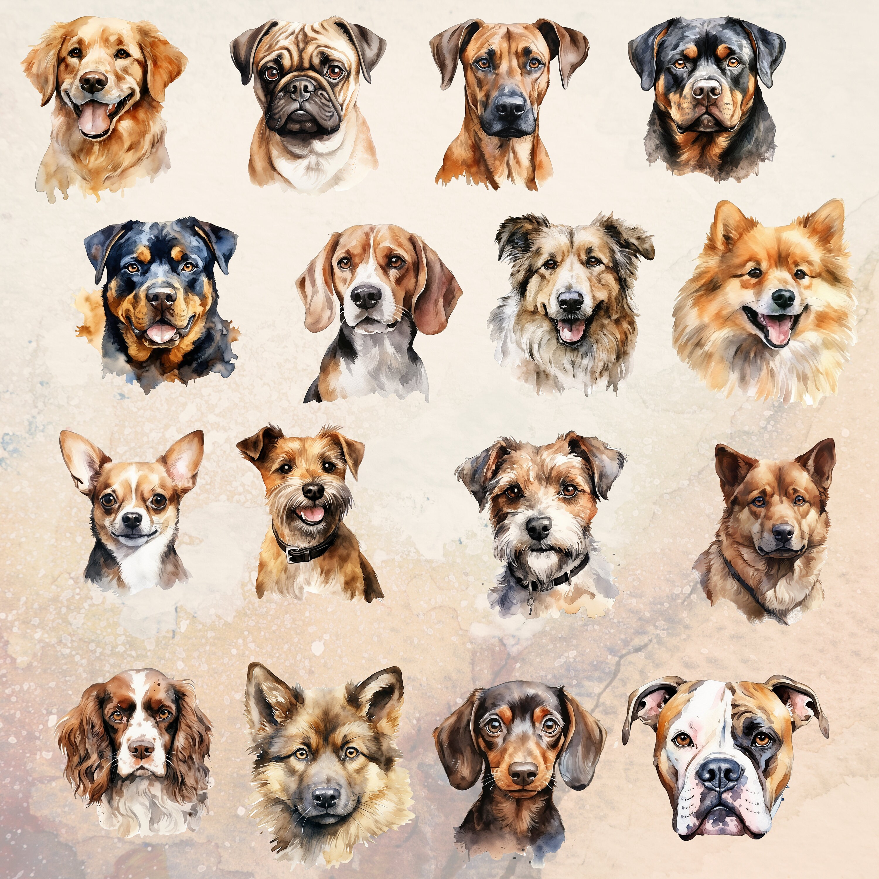 Cute Dog Clipart Watercolor Dog Face SVG and PNG Dog Breeds Image Dog ...