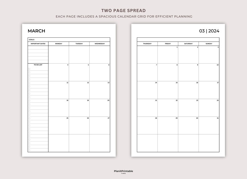 2024 Monthly Planner Printable, Dated Month on 2 Pages, Month at a Glance, 2024 Calendar, Mo2p ...