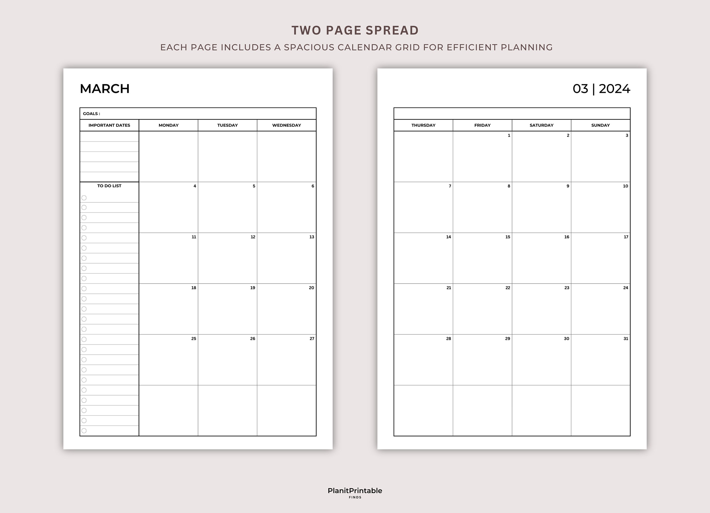 2024 Monthly Planner Printable, Dated Month on 2 Pages, Month at a ...
