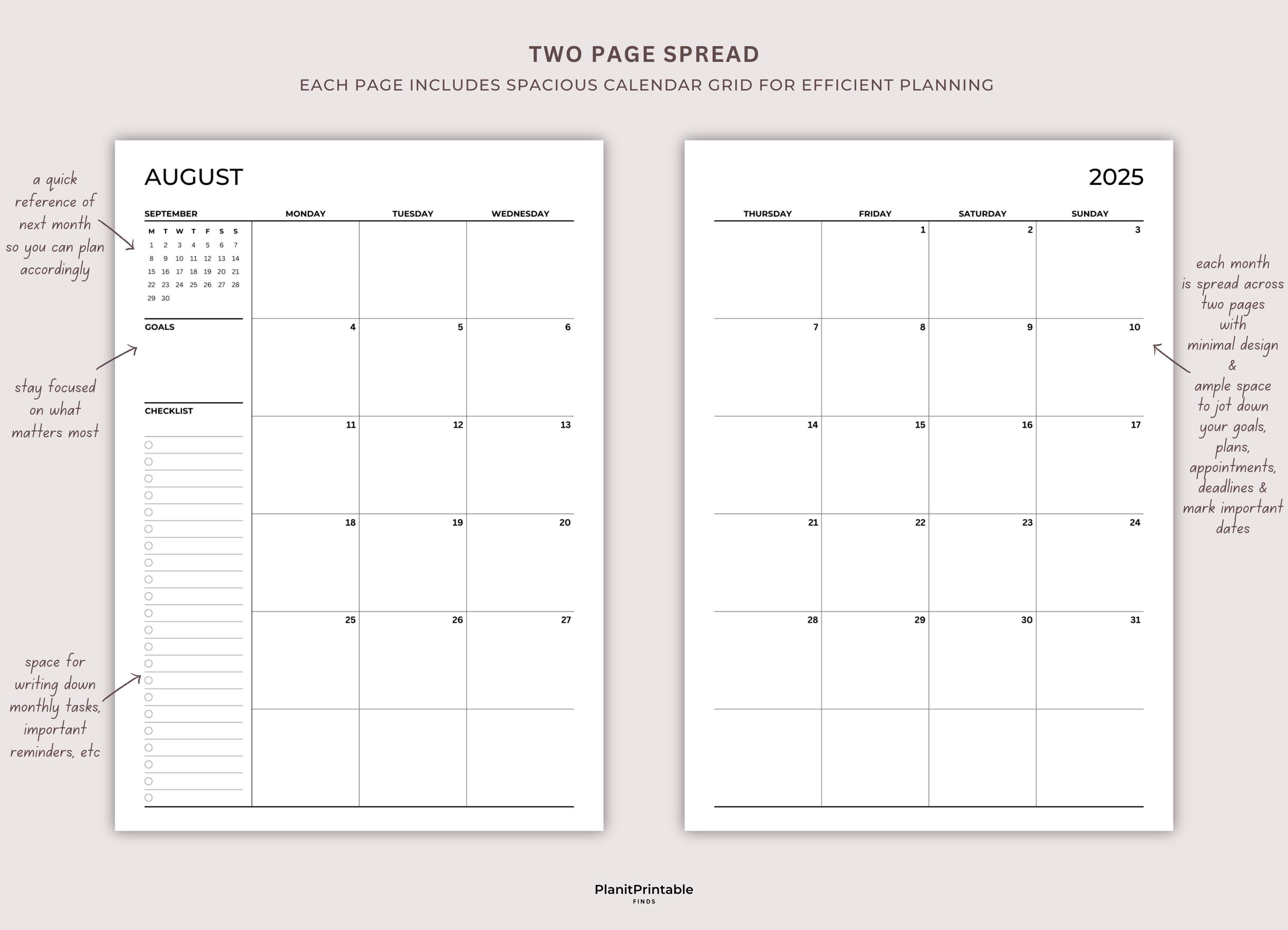 2025 Monthly Planner Printable: Two Page Layout (a4/a5/letter/half/hp ...