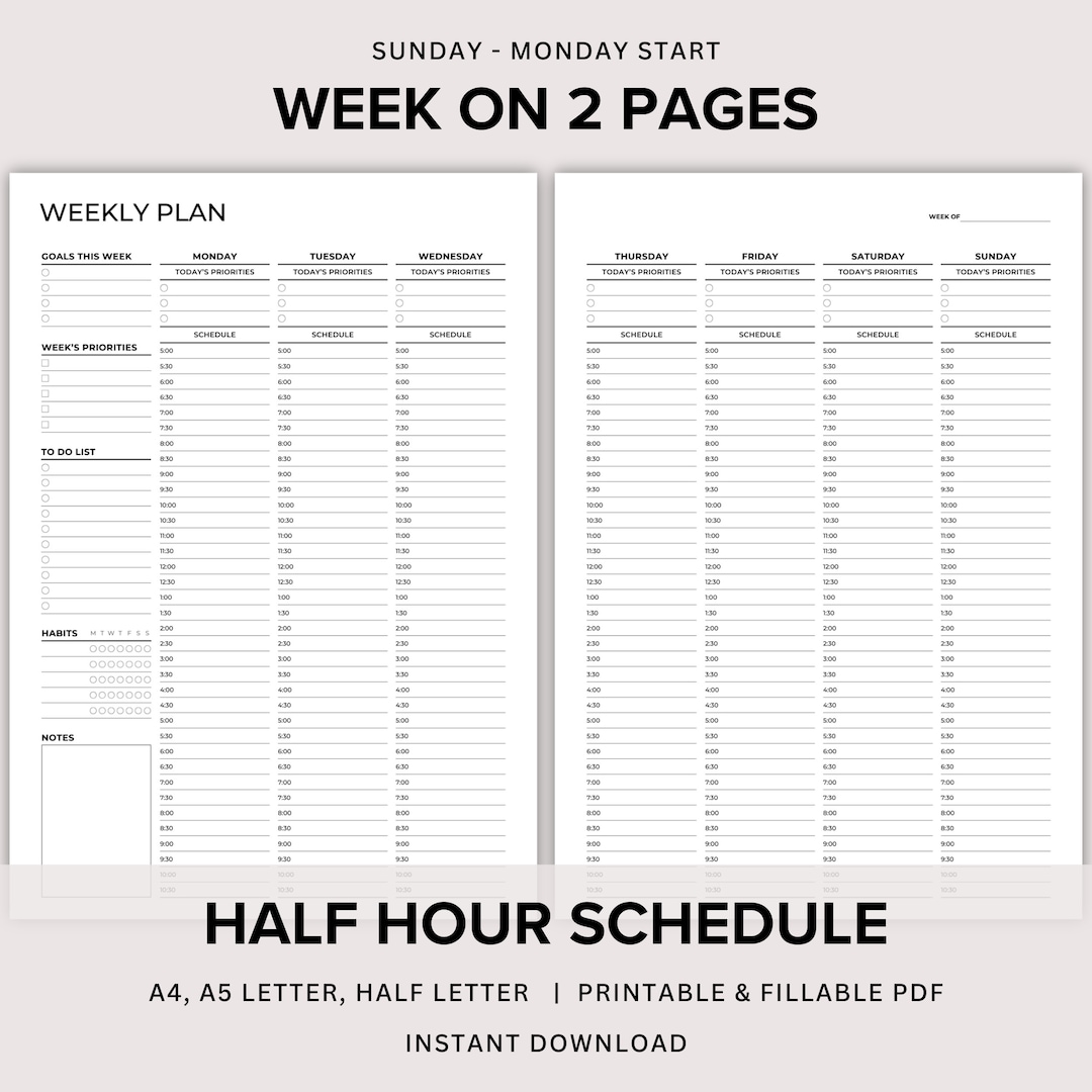 Week on 2 Pages, Week at a Glance, Wo2p Layout, Half Hour Weekly ...