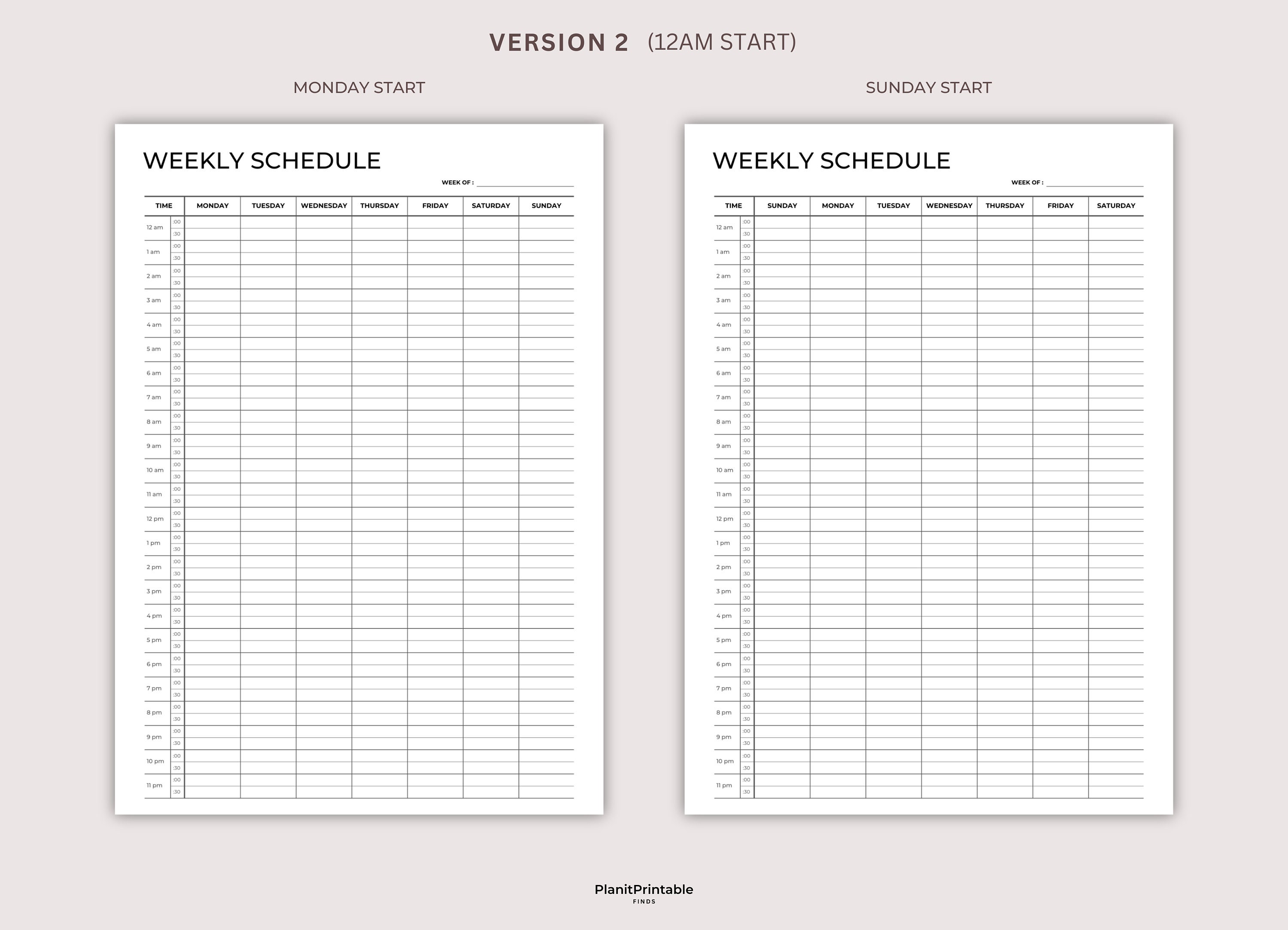 Half Hour Weekly Schedule Printable, Weekly to Do List, 24 Hour Weekly ...