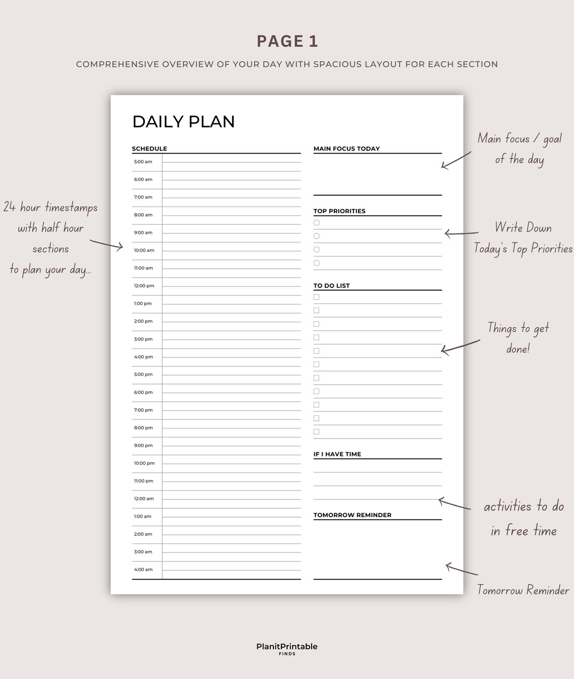 24 Hour Daily Planner Printable, Daily Plan on 2 Pages, Day on 2 Page ...