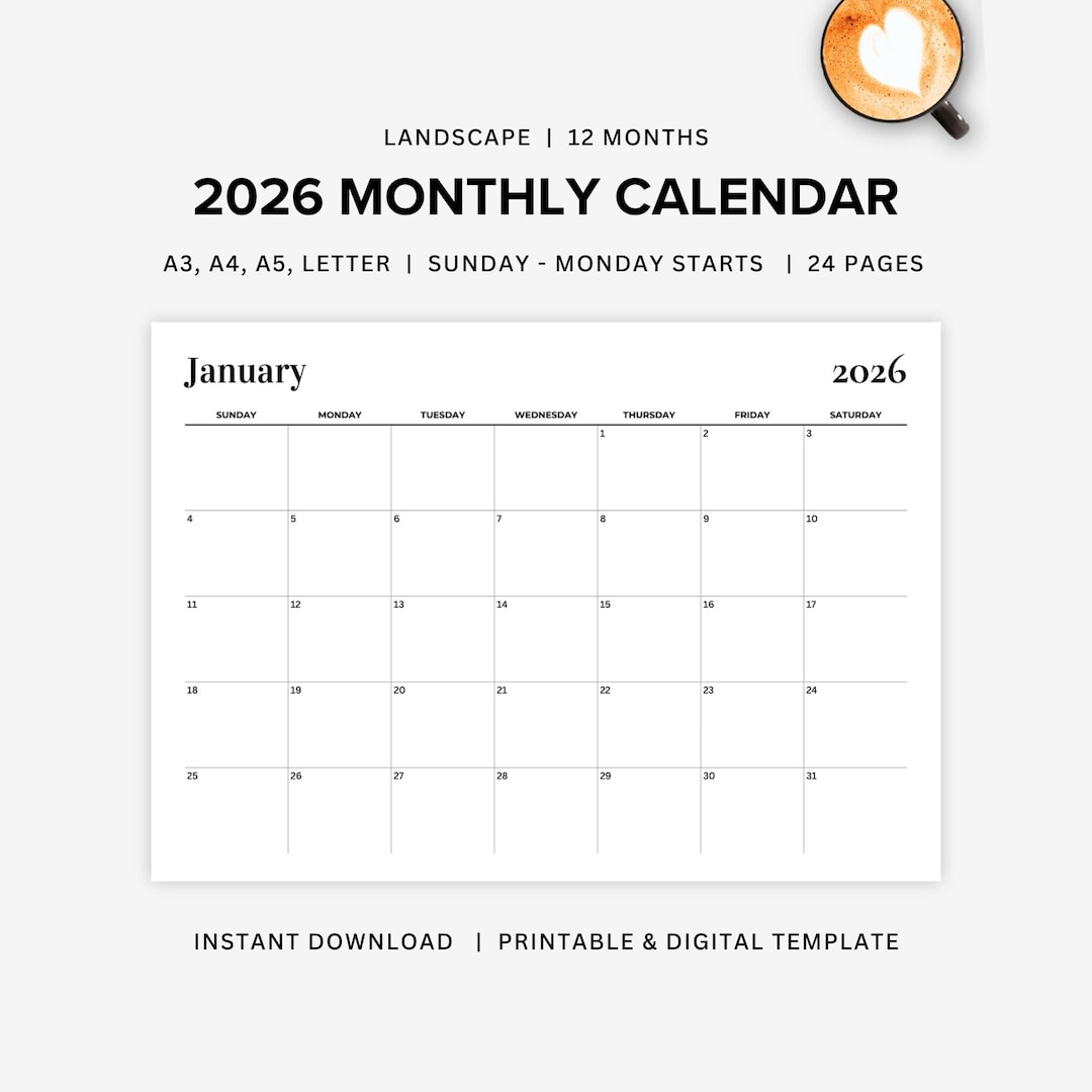 2026 Monthly Planner Landscape Printable 1 Page per Month 2026 Calendar ...