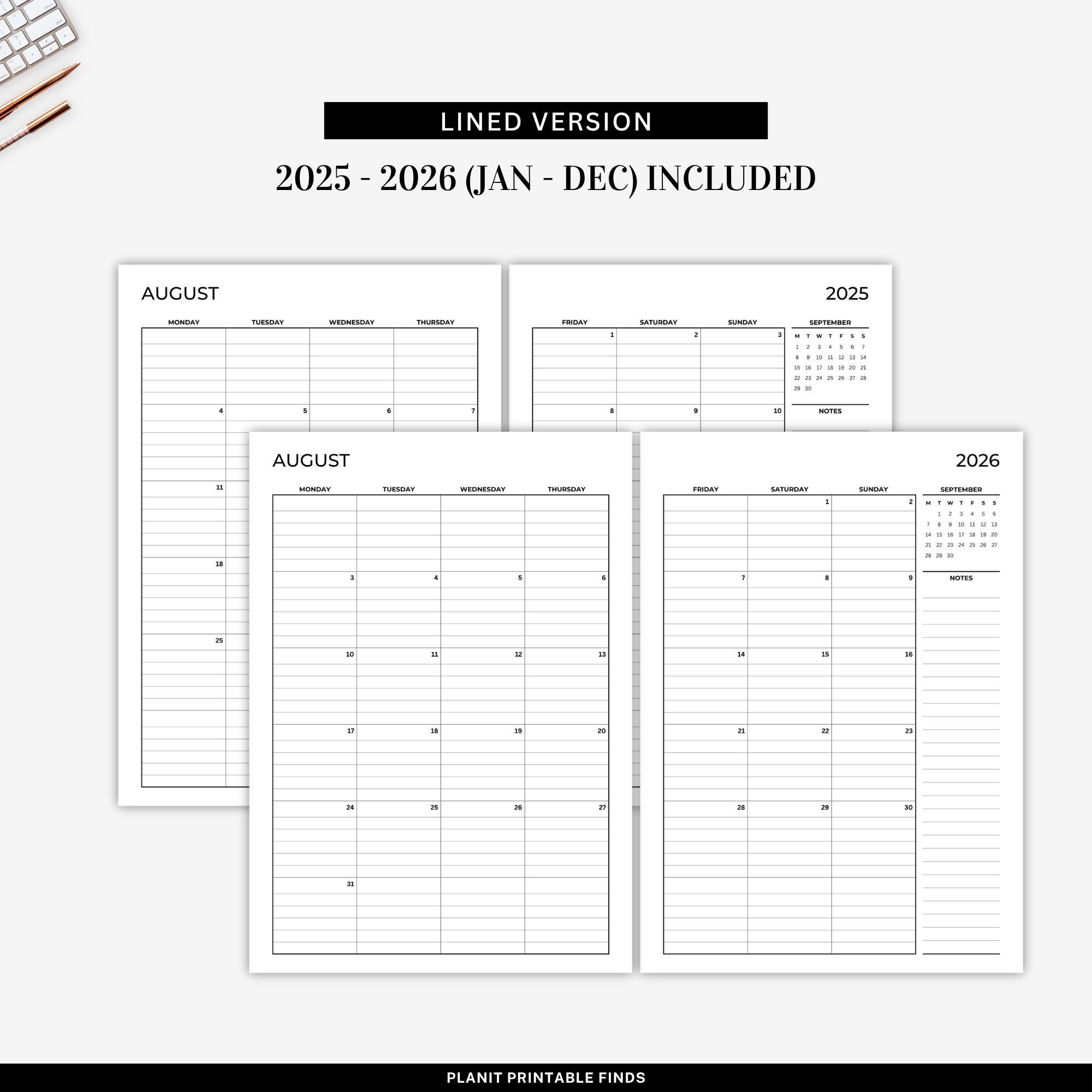 2025 2026 Monthly Planner Printable, Dated Month on 2 Pages Lined ...