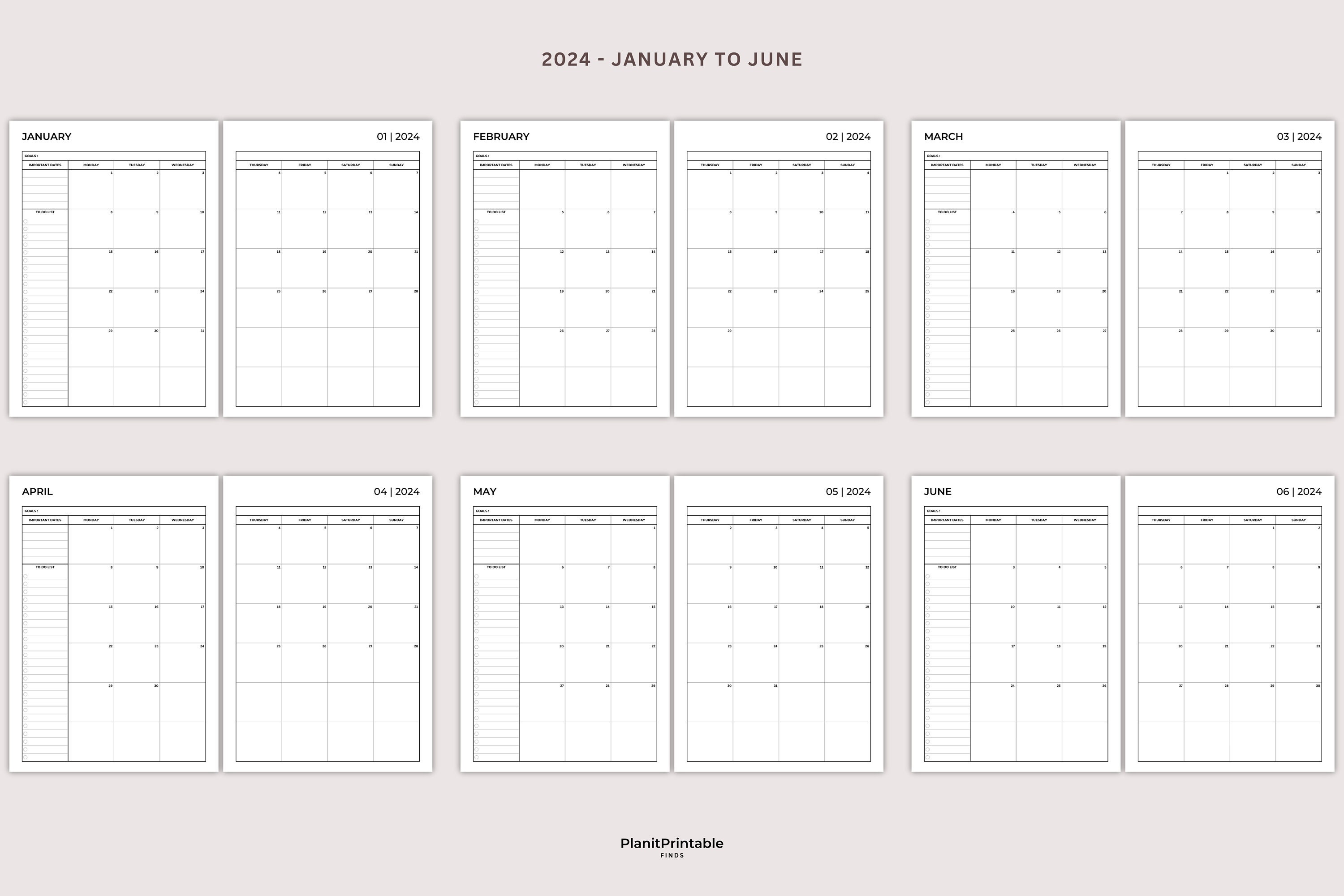 2024 Monthly Planner Printable, Dated Month on 2 Pages, Month at a ...