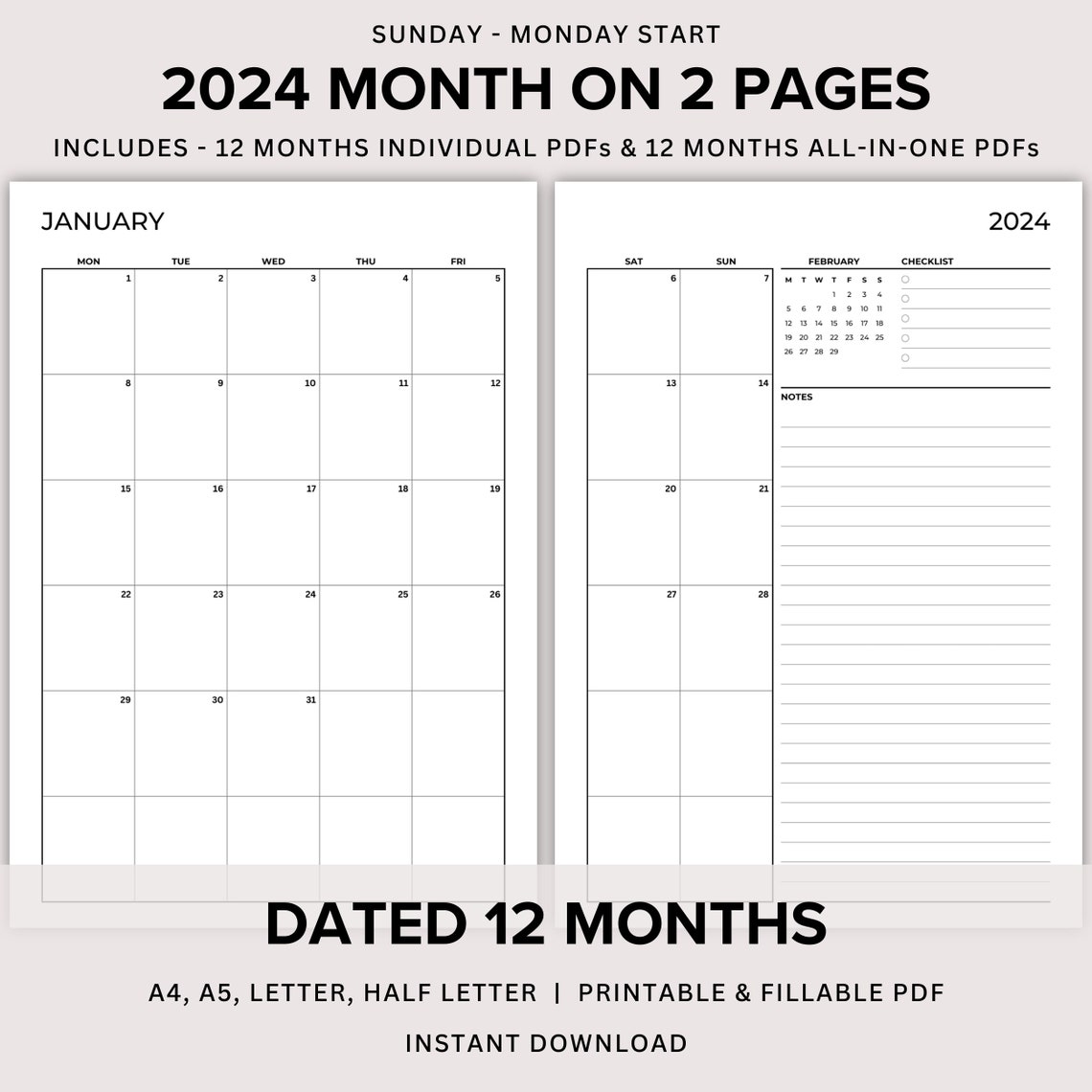 2024 Monthly Planner Printable, Dated Month on 2 Pages, Month at a ...