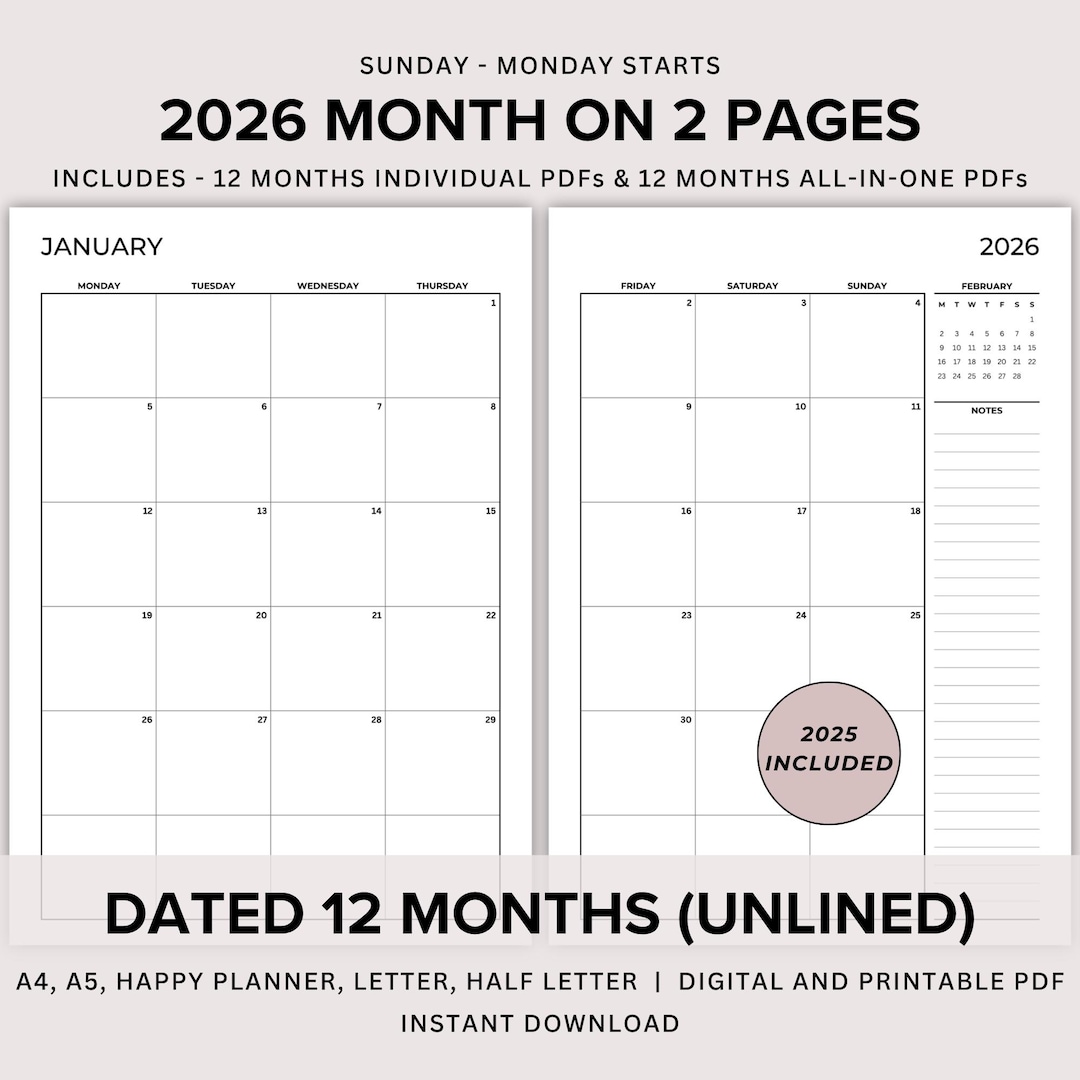2025 2026 Monthly Planner Printable, Dated Month on 2 Pages Unlined ...