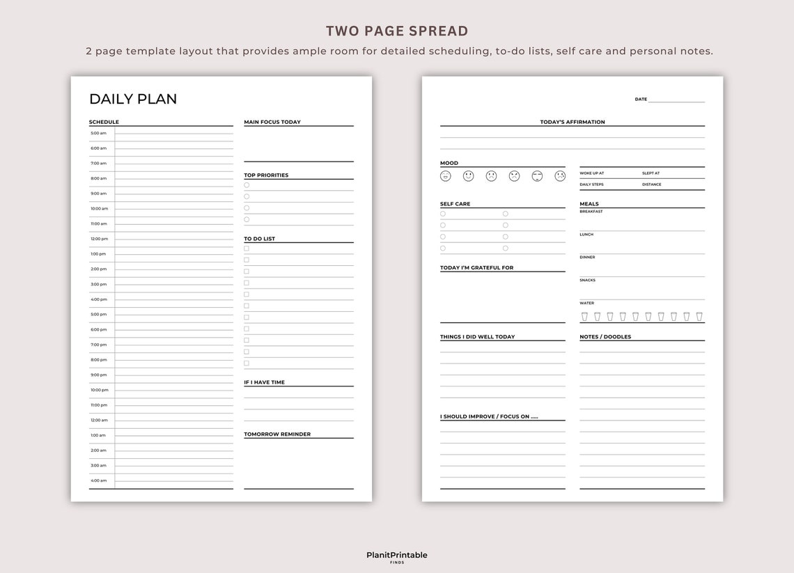 24 Hour Daily Planner Printable, Daily Plan on 2 Pages, Day on 2 Page ...